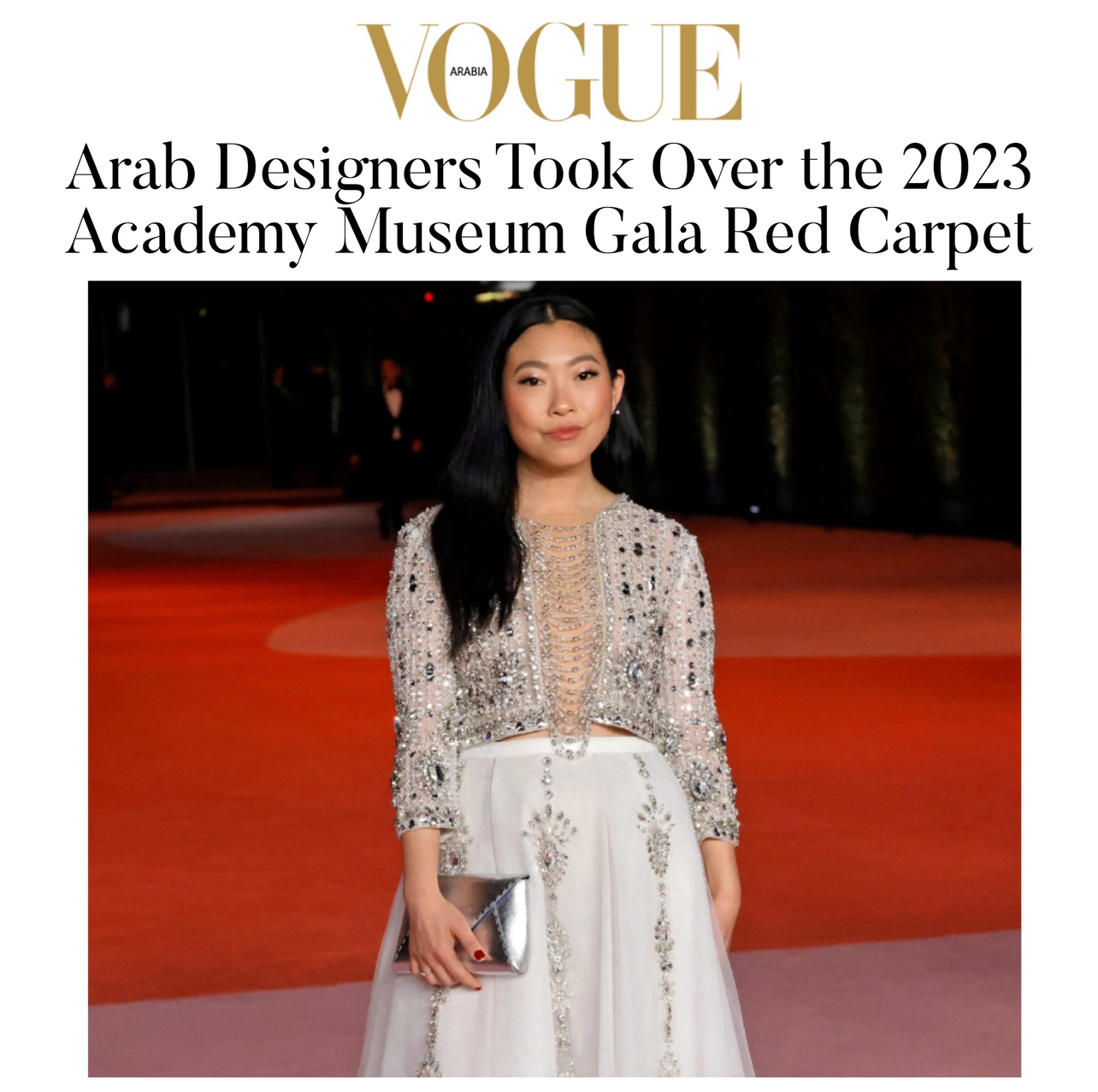 Awkwafina pairs our signature Lee Pouchet with a Georges Hobeika gown